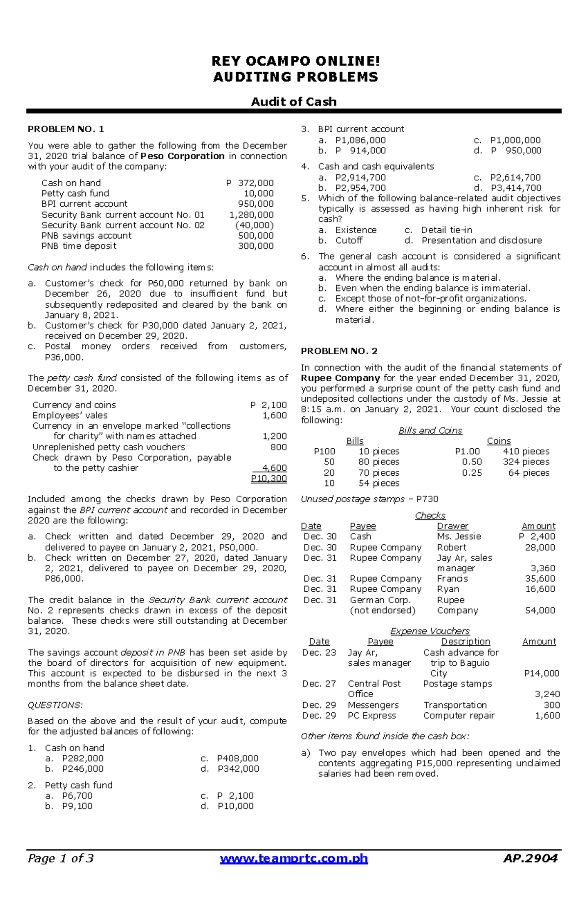 AP - Page 1 of 3 teamprtc.com AP. 2904 REY OCAMPO ONLINE! AUDITING PROBLEMS Audit of Cash ...
