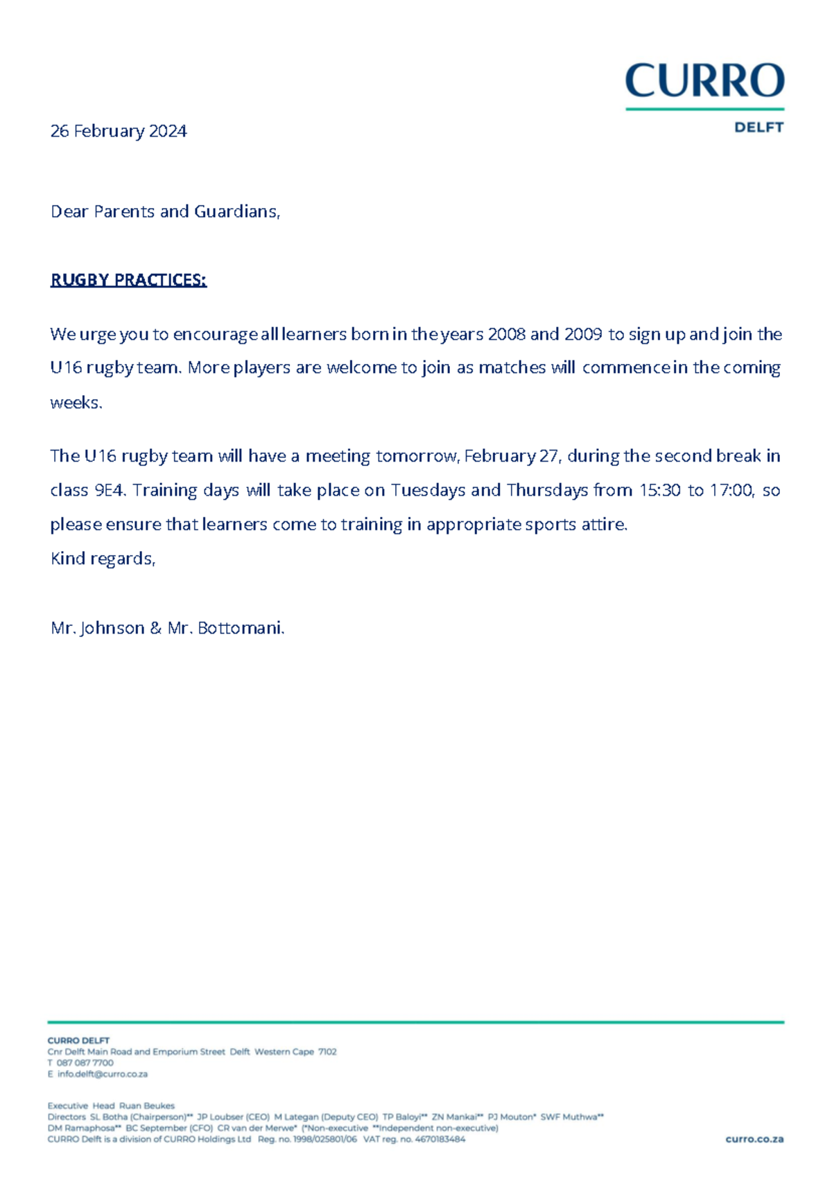 Curro Delft - Rugby Letter - 26 Feb 2024-1 - 26 February 202 4 Dear ...