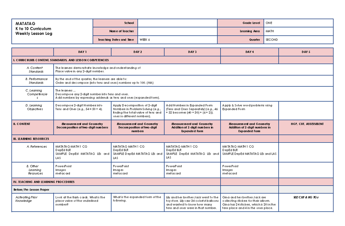 W6 Q2 MATH1 Matatag DLL - Lesson Exemplar - MATATAG K to 10 Curriculum ...