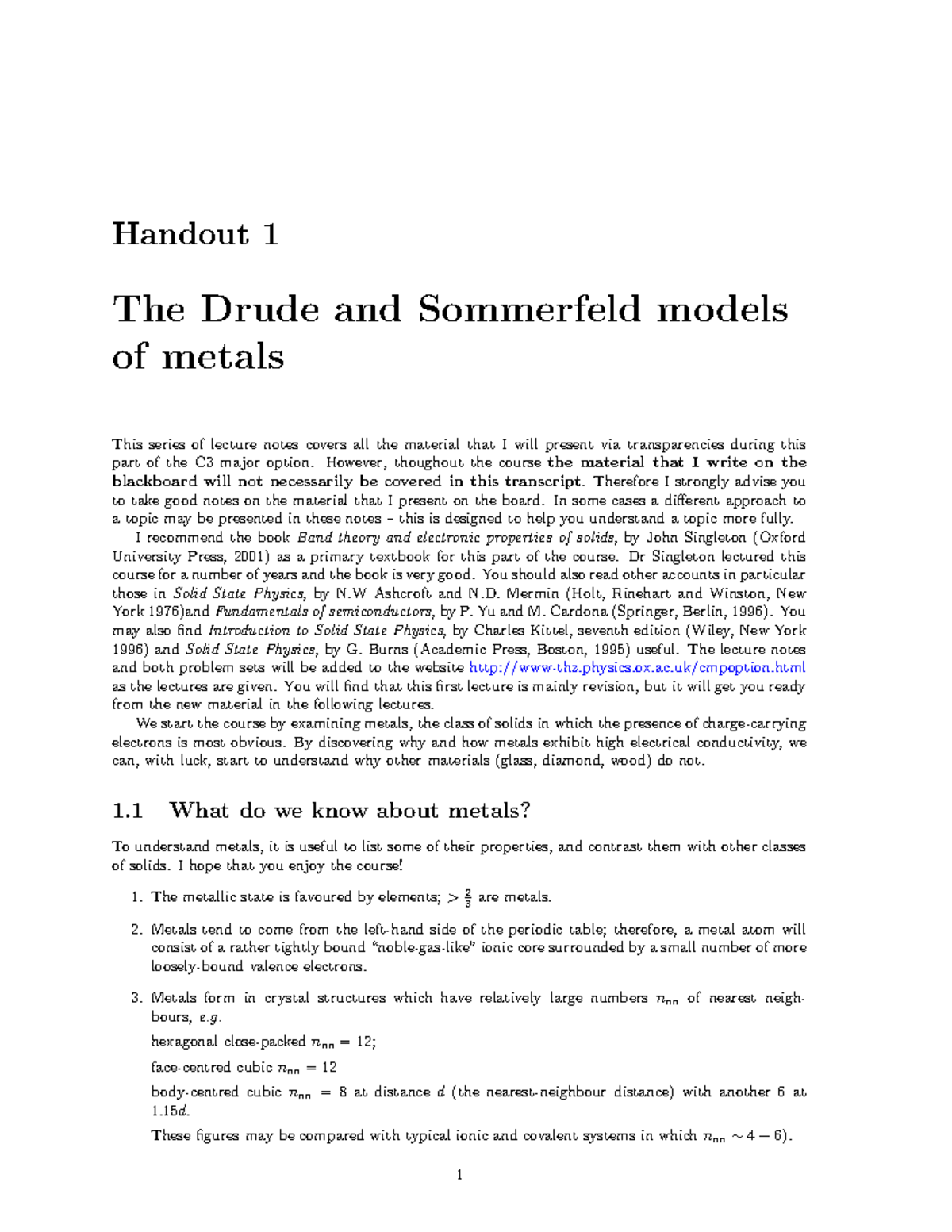 Band MT 01 - physique - Handout 1 The Drude and Sommerfeld models of ...