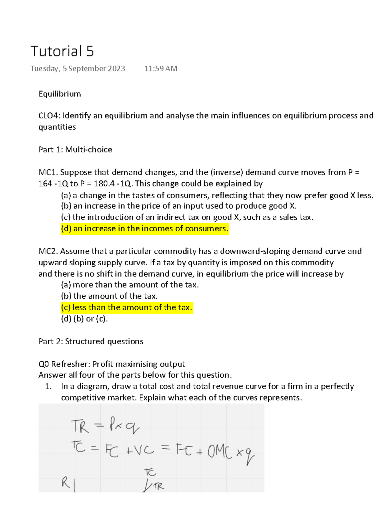 ECON130 Tutorial 5 - tut 5 - Equilibrium CLO4: Identify an equilibrium and analyse the main ...