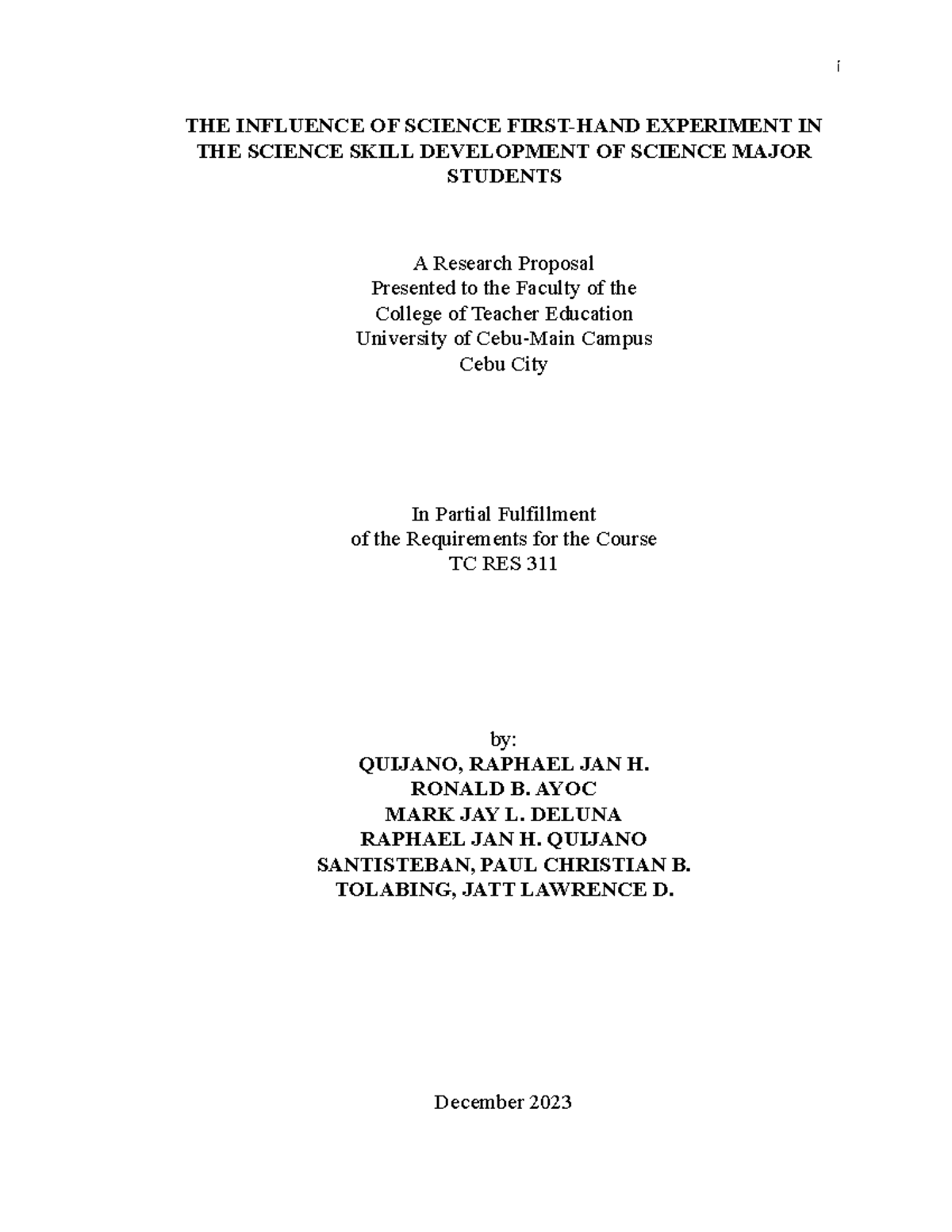 RES Cover Page - sdfdsfds - i THE INFLUENCE OF SCIENCE FIRST-HAND ...