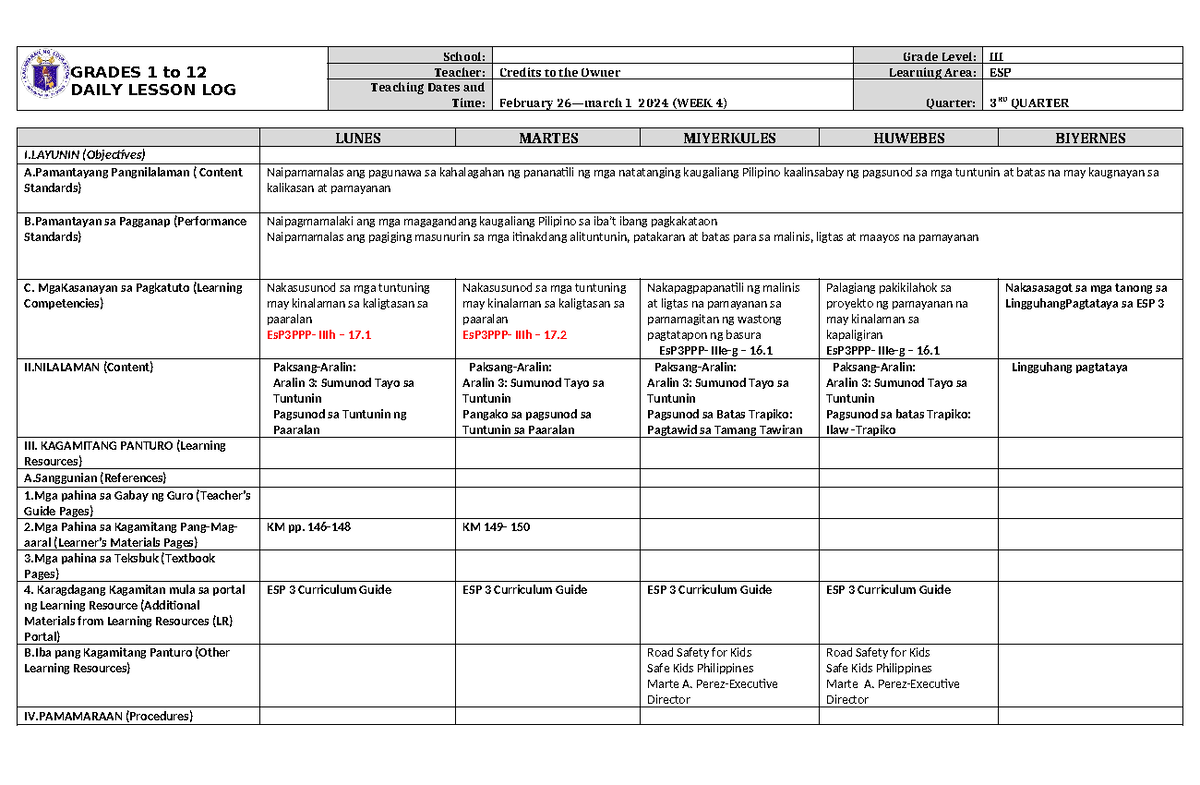 DLL ESP 3 Q3 W4 - GRADES 1 to 12 DAILY LESSON LOG School: Grade Level ...