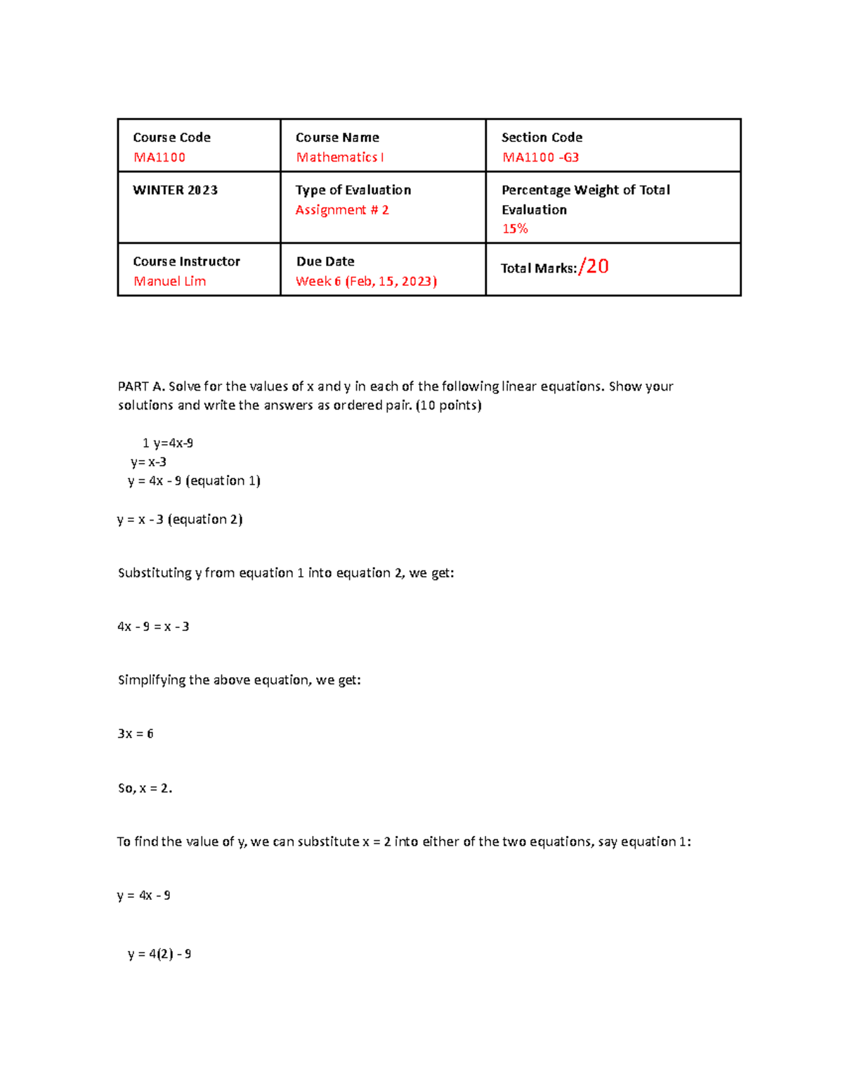 95 - ASSIGNMENT 2 - Course Code MA1100 Course Name Mathematics I Section Code MA1100 -G WINTER ...