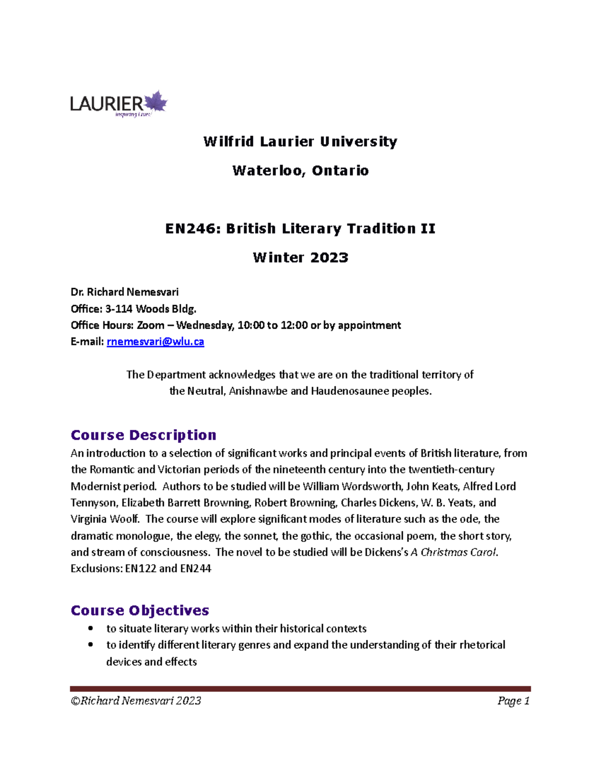 EN246 Syllabus - Wilfrid Laurier University Waterloo, Ontario EN246 ...