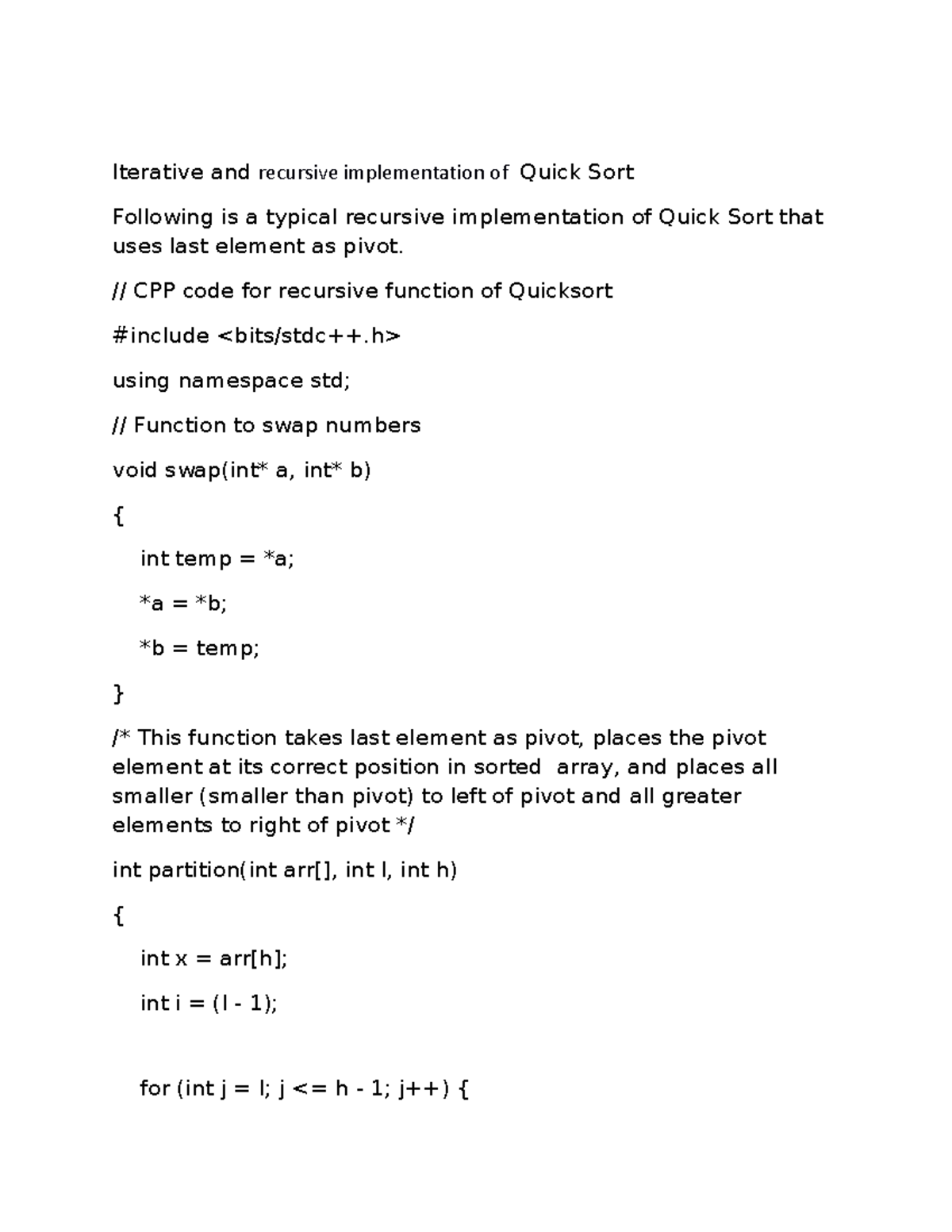 Iterativ - // CPP code for recursive function of Quicksort #include ...
