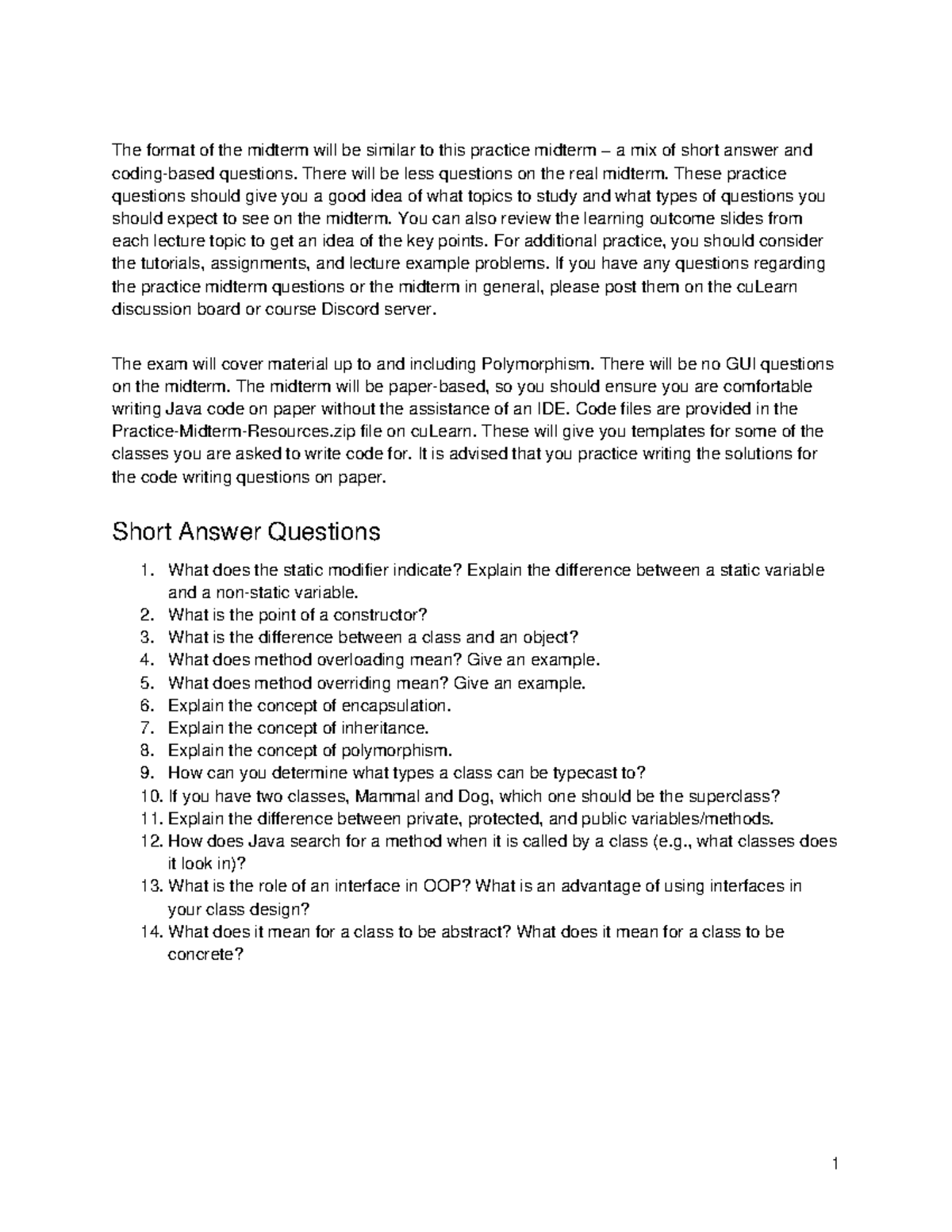 Midterm 26 February 2020, questions - 1 The format of the midterm will ...