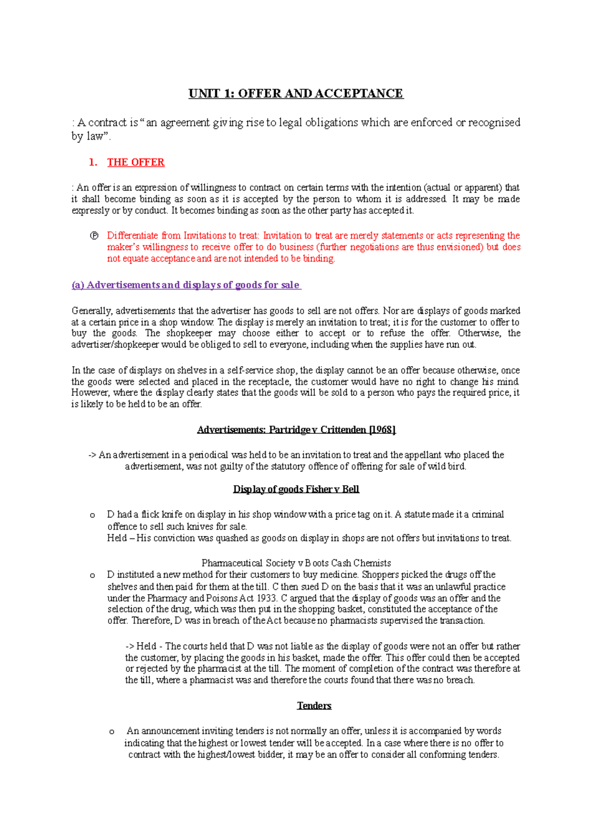 Contract basics - answer structure - UNIT 1: OFFER AND ACCEPTANCE : A ...