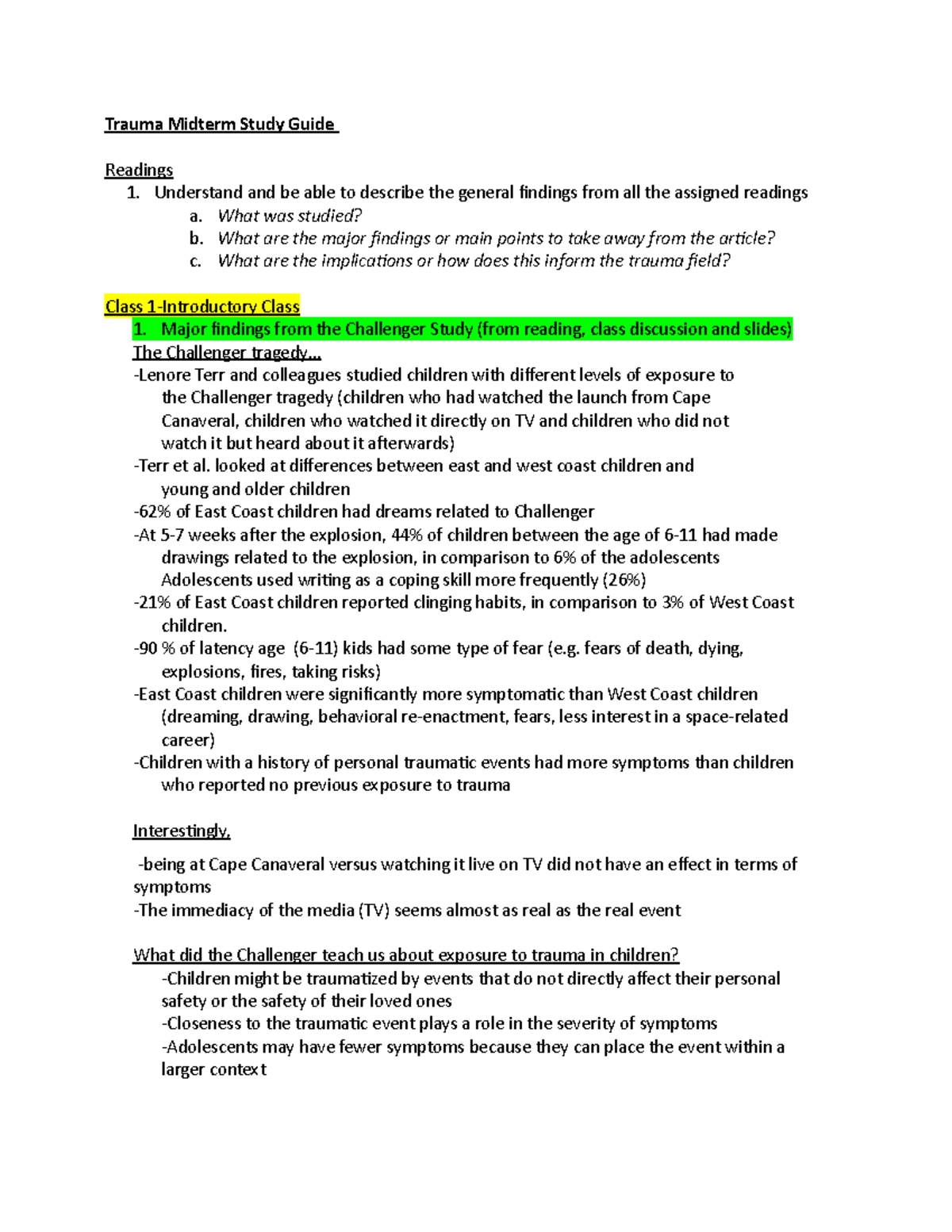Trauma Midterm Study Guide - Trauma Midterm Study Guide Readings 1 ...