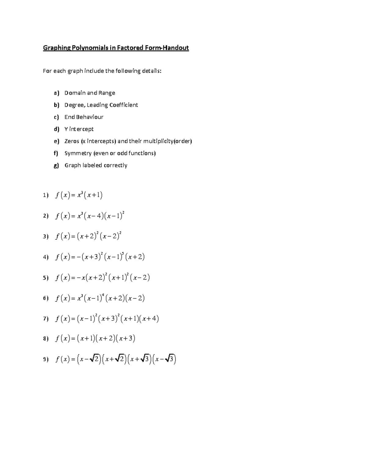 Handout Graphing Polynomials in Factored form - Graphing Polynomials in ...