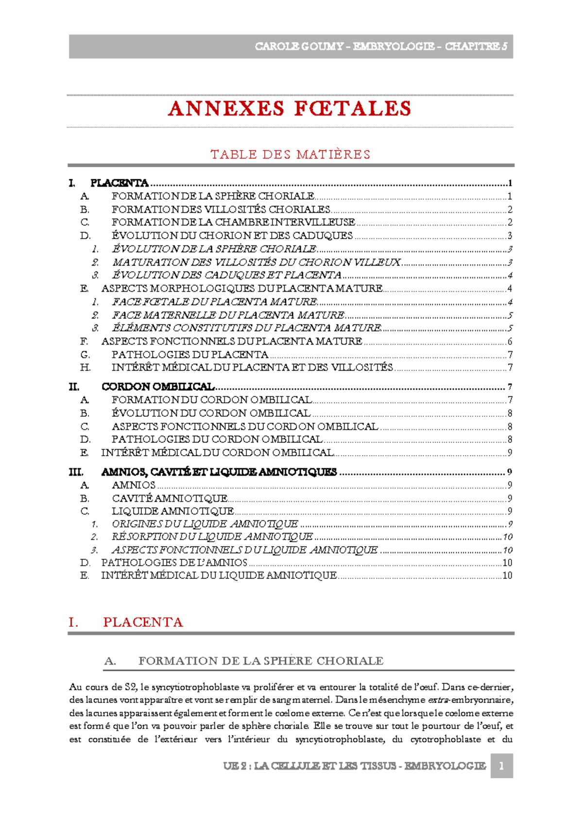 ANNEXES FOETALES - ANNEXES FŒTALES I. PLACENTA A. FORMATION DE LA ...