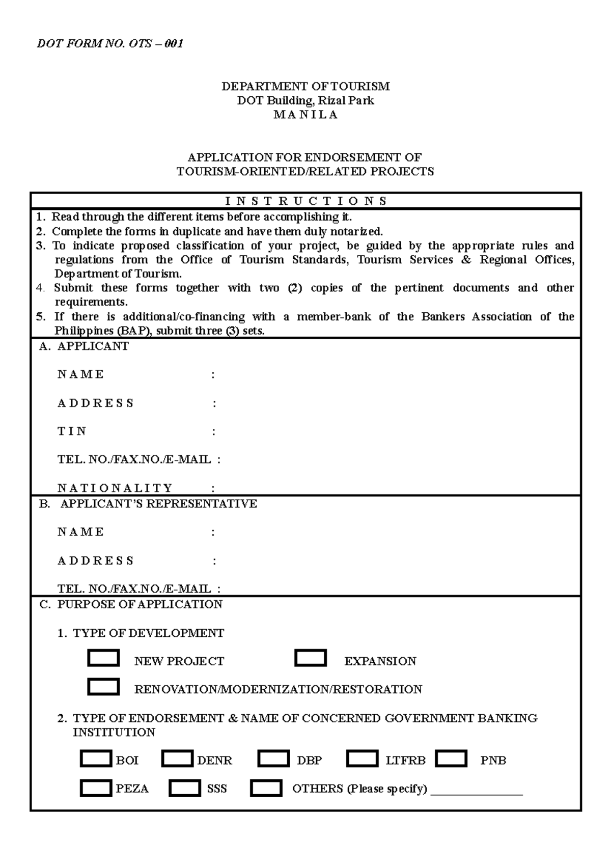 Application Form (OTS - 001) - DOT FORM NO. OTS – 001 DEPARTMENT OF ...