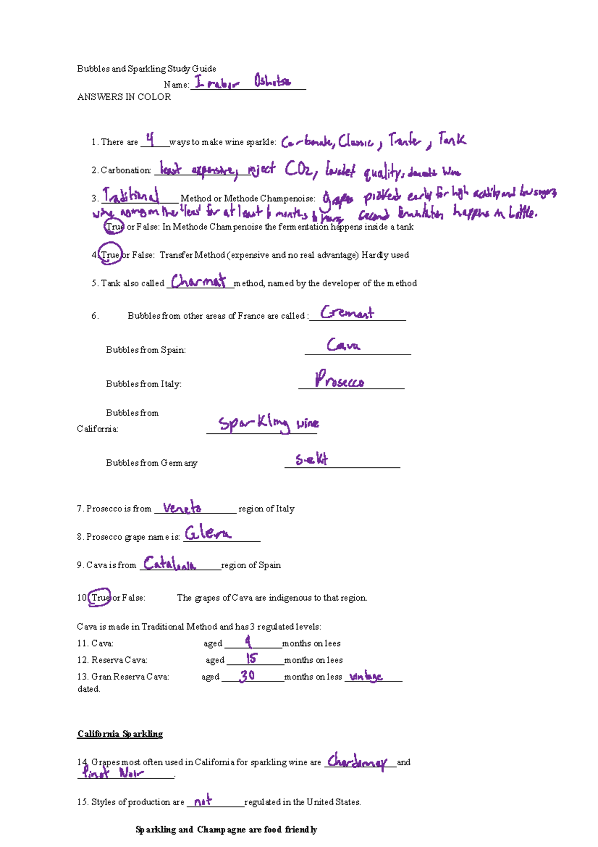 Bubbles Study Guide converted - Bubbles and Sparkling Study Guide Name