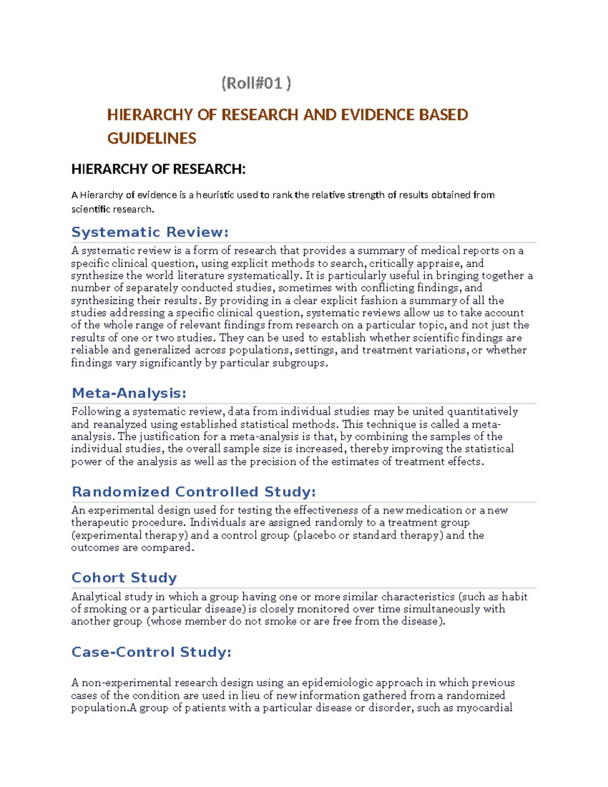 Hierarchy of research - (Roll#01 ) HIERARCHY OF RESEARCH AND EVIDENCE ...
