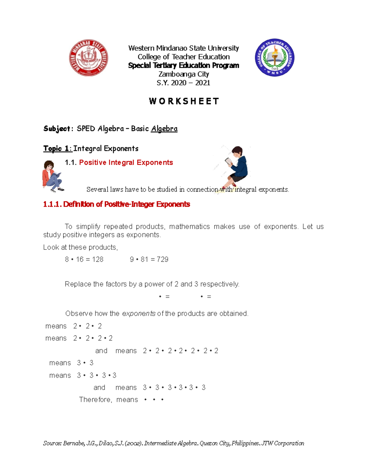 Worksheets 1 3 SPED Math - Western Mindanao State University College of ...