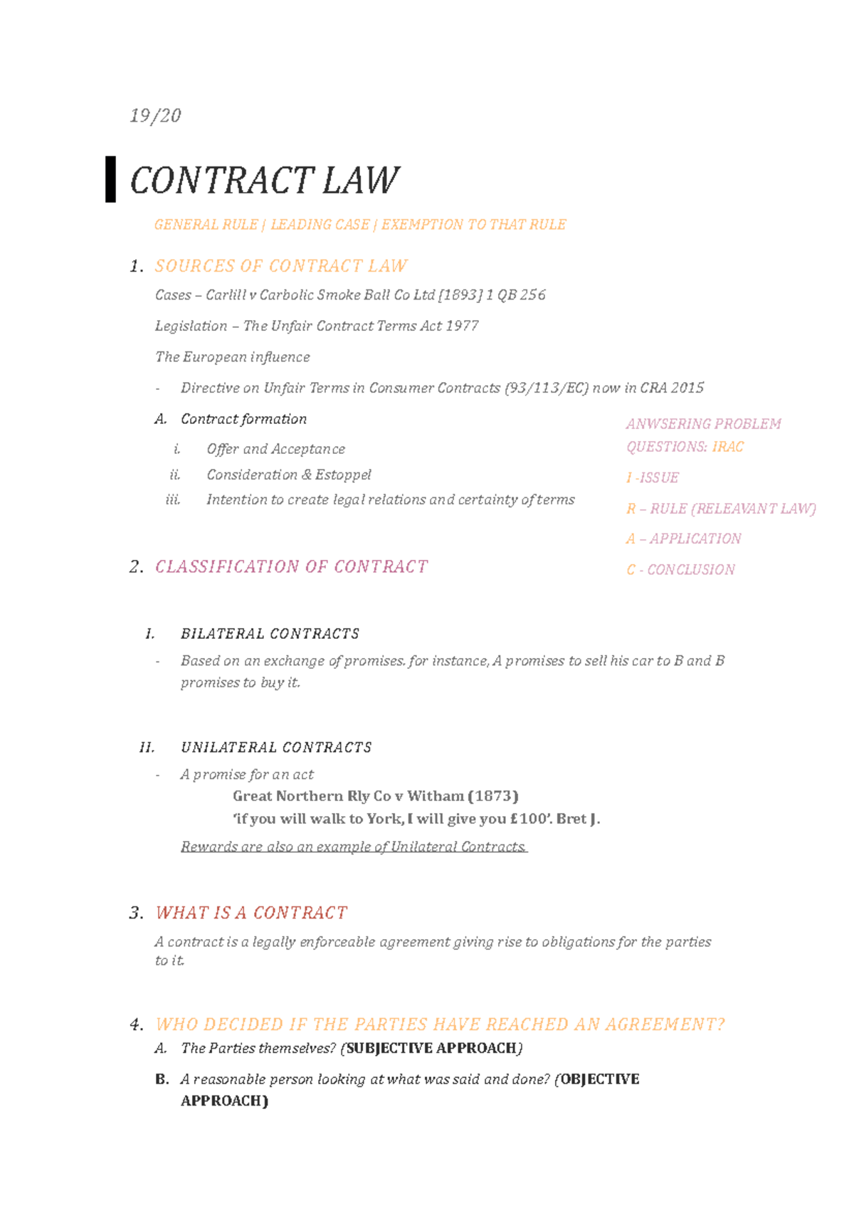 Contract Law: Semester 1 - 19/ CONTRACT LAW 1. SOURCES OF CONTRACT LAW ...