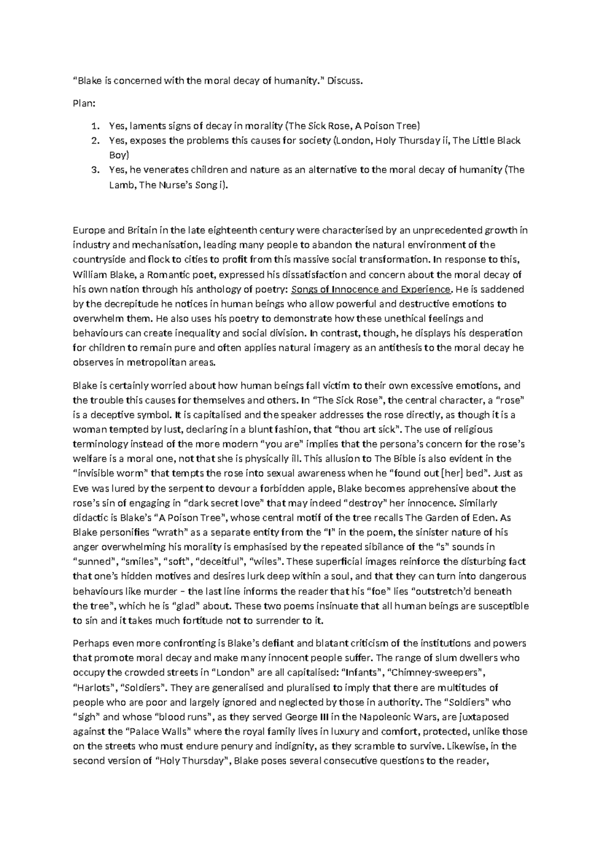 Blake essay 1 moral decay - “Blake is concerned with the moral decay of ...