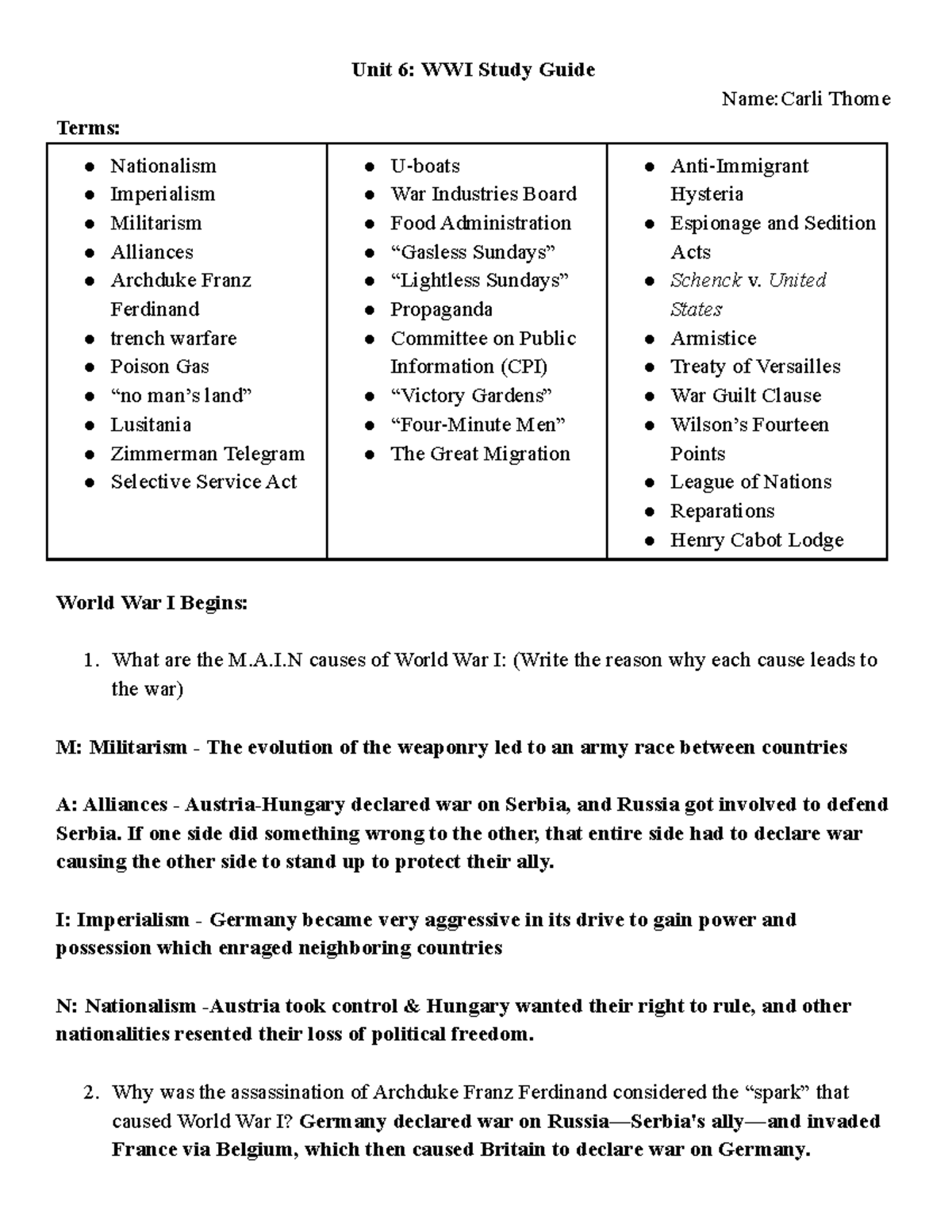 Carli Thome - Unit 6 Study Guide - Unit 6: WWI Study Guide Name:Carli ...