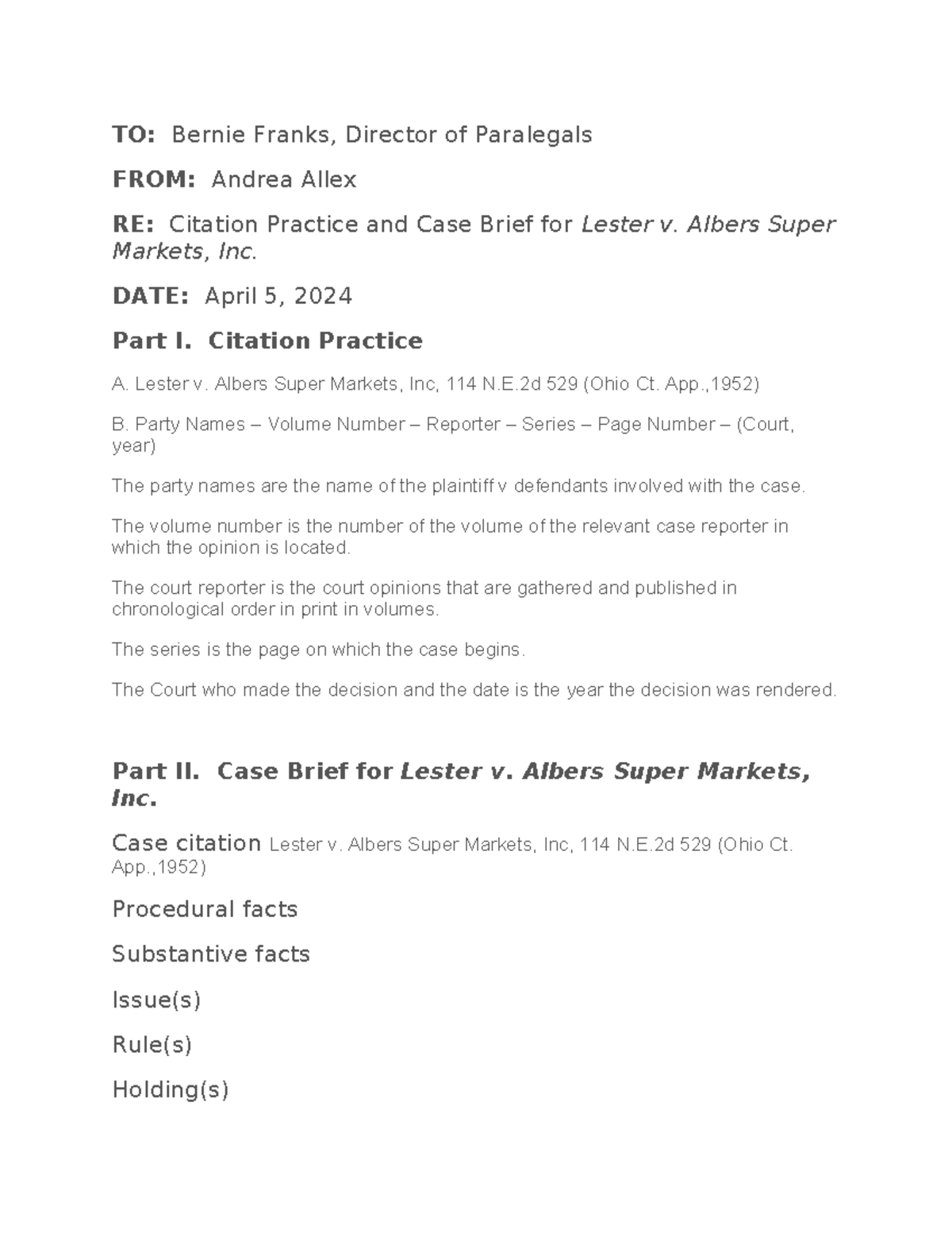 Andrea Allex - Week 4 Assignment - TO: Bernie Franks, Director of ...