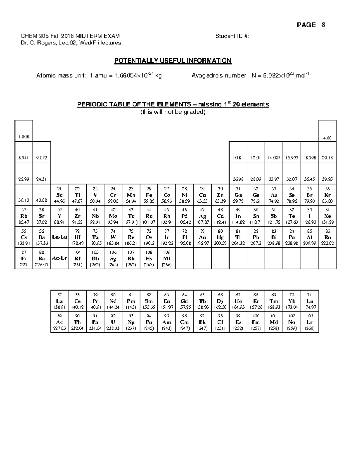 Periodic table missing 1st 20 - PAGE CHEM 205 Fall 2018 MIDTERM EXAM ...