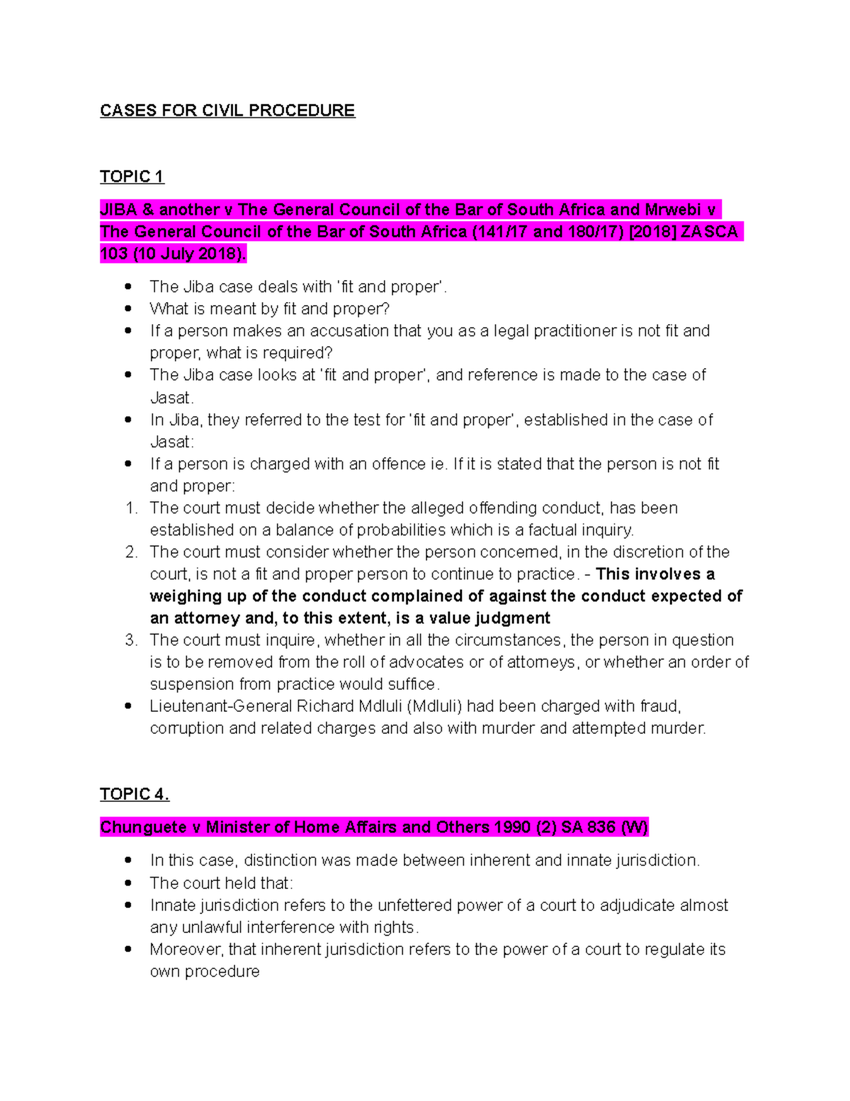 Cases FOR Civil Procedure. the document have all cases for all chapters ...