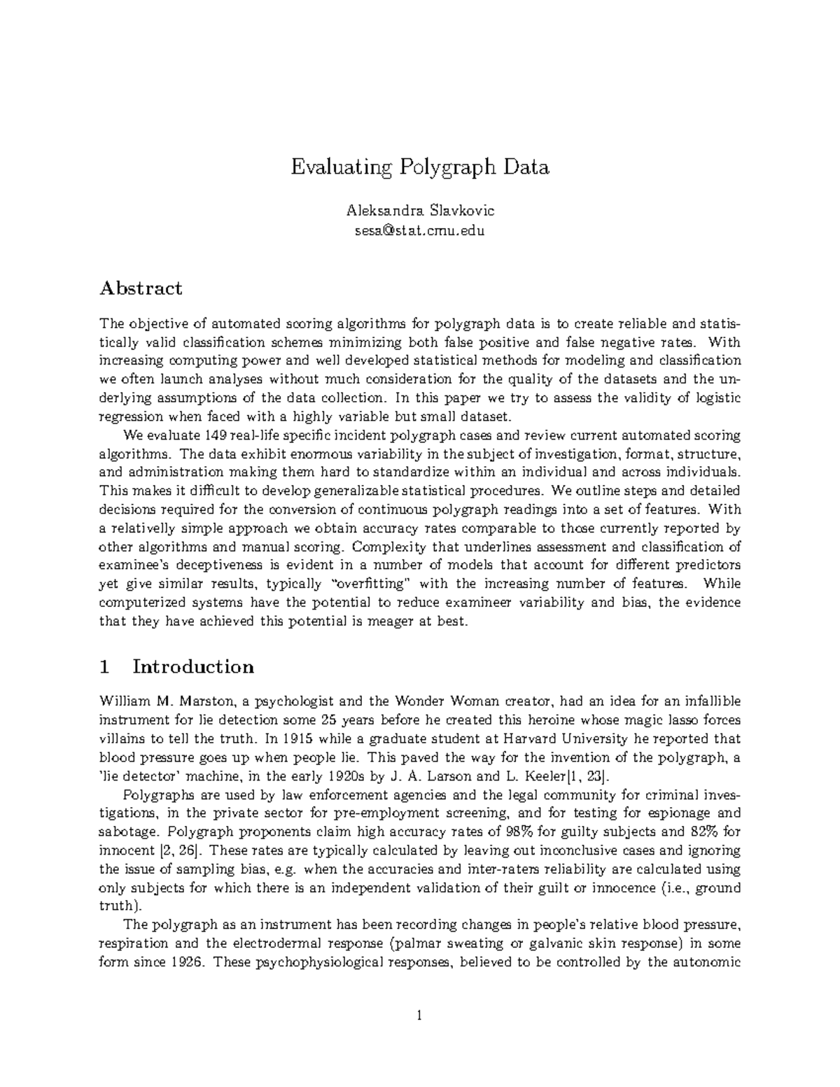 Tr766 - Evaluating Polygraph Data Aleksandra Slavkovic sesa@stat.cmu ...