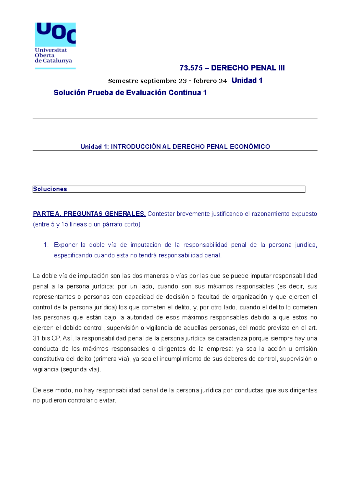 TODAS LAS PECS Penal III - 73 – DERECHO PENAL III Semestre septiembre 23 - febrero 24 Unidad 1 ...