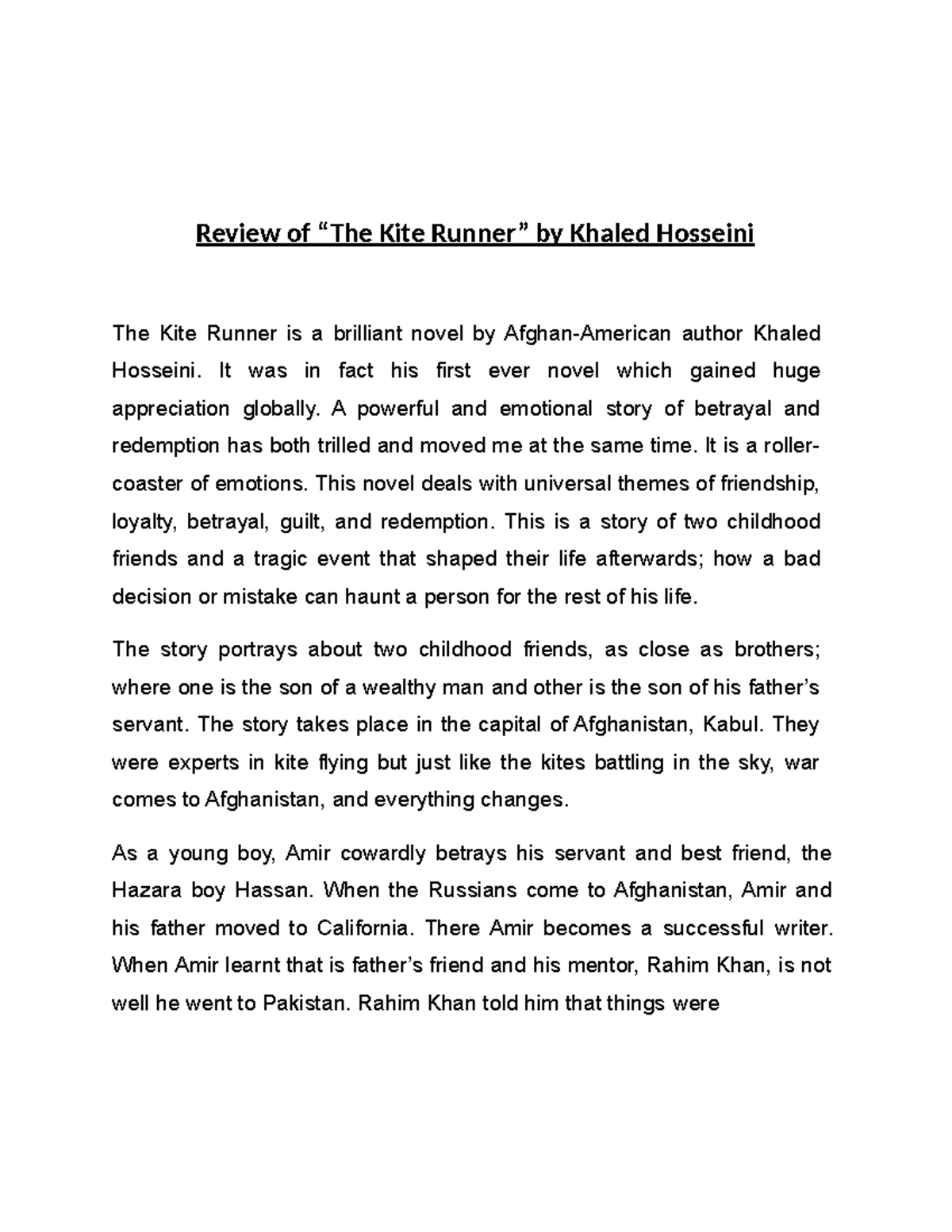 The kite runner - Review of “The Kite Runner” by Khaled Hosseini The ...