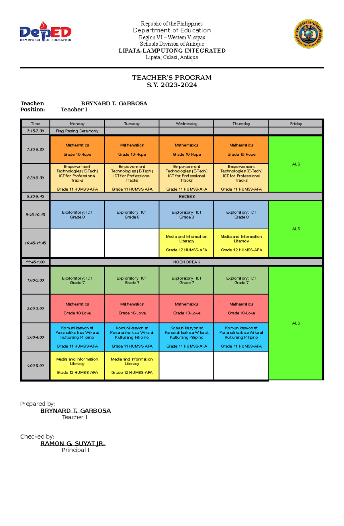 Teachers Program - Copy - Republic of the Philippines Department of ...