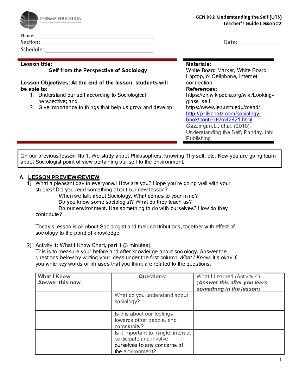 GEN 002 MODULE 4 - Teacher’s Guide Lesson # Name