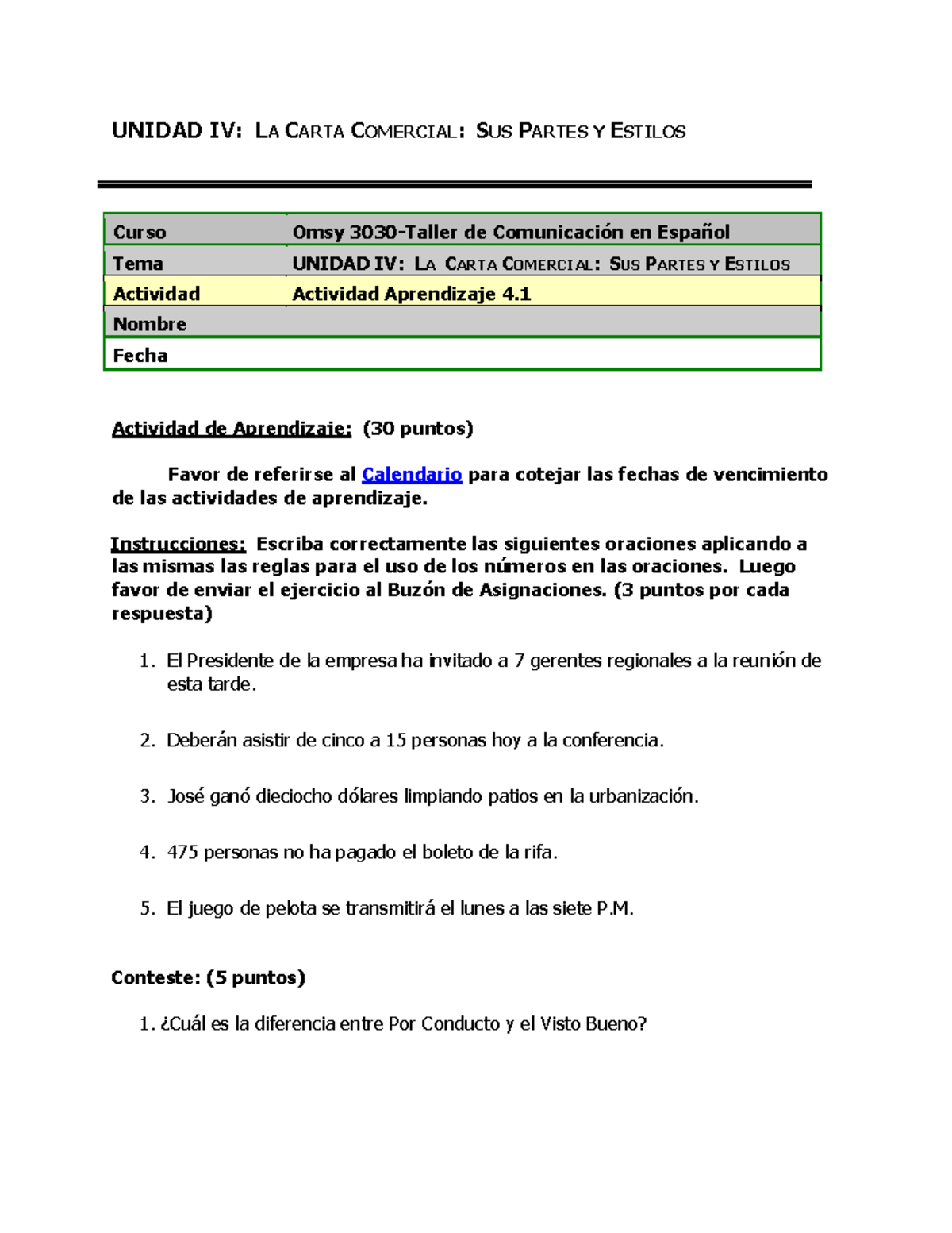 Actividad 4 - Lecture activity - UNIDAD IV: LA CARTA COMERCIAL: SUS ...