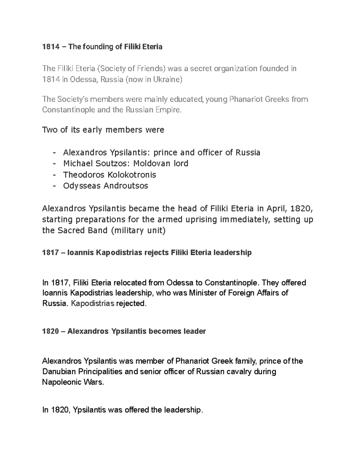 Greek war of independence - 1814 – The founding of Filiki Eteria The ...