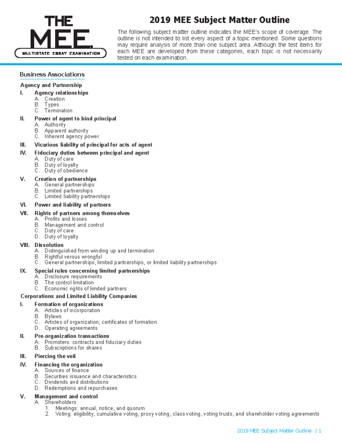 2019 MEE Subject Matter Outline - The outline is not intended to list ...