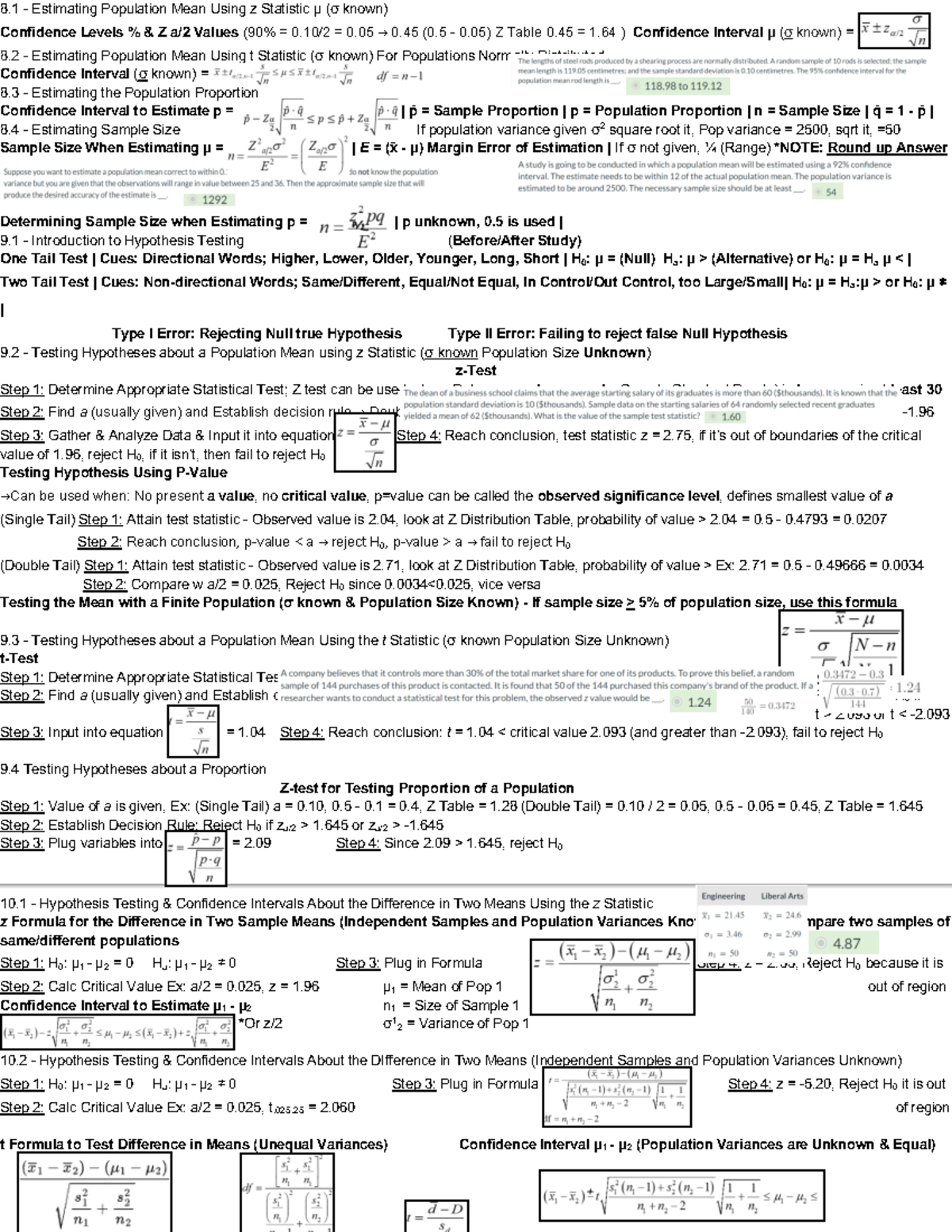 Stats Cheat Sheet v2 - 8 - Estimating Population Mean Using z Statistic ...