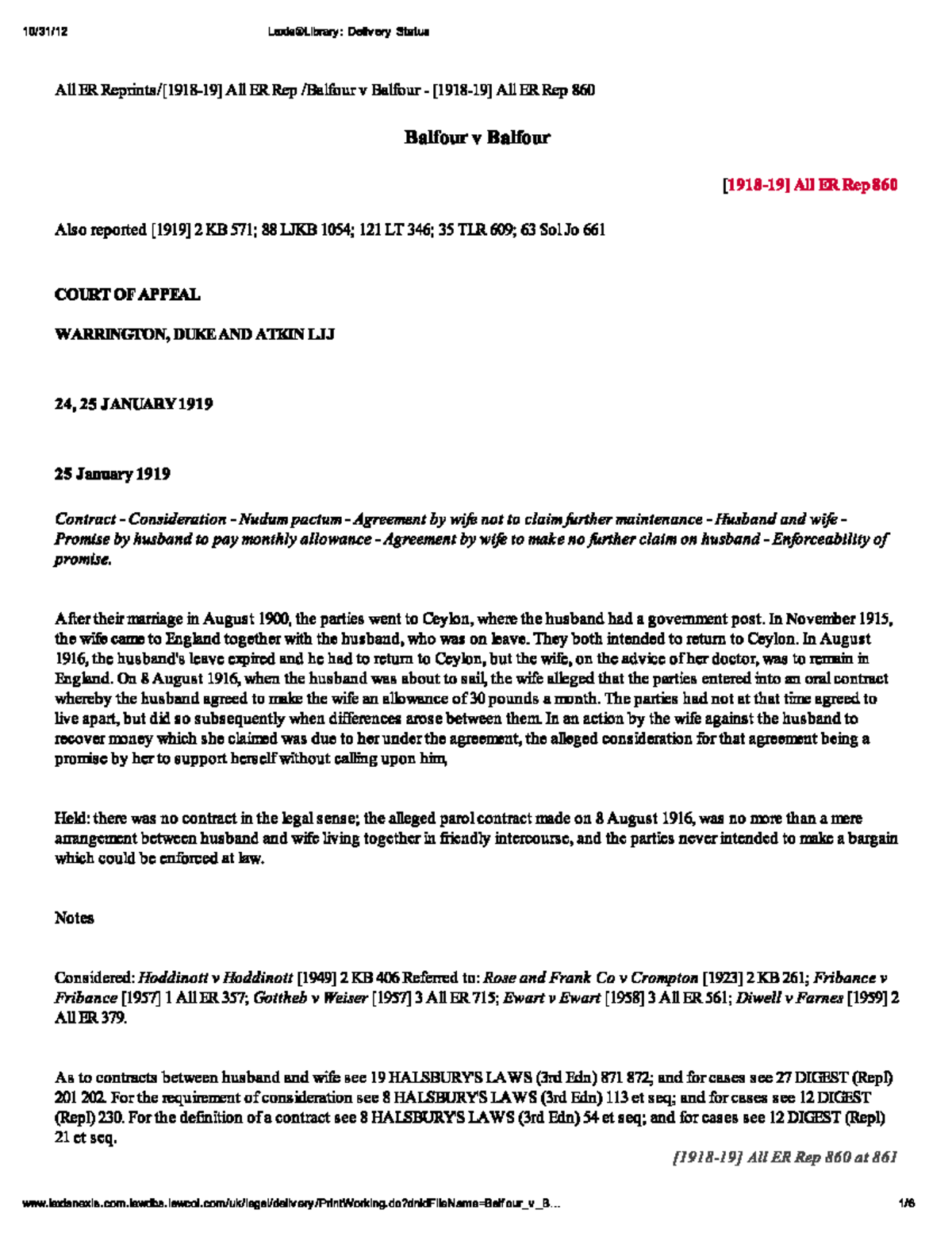 Balfour v Balfour - Summary Law of contract - Studocu