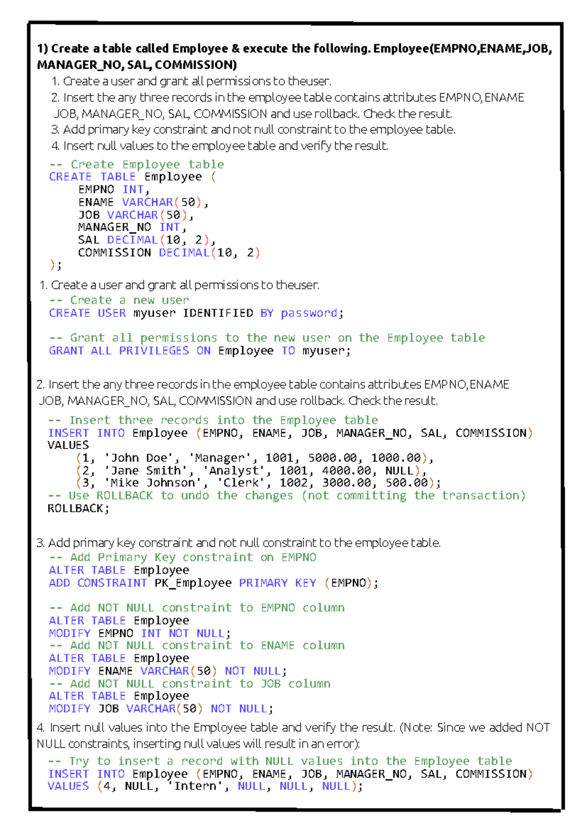 Dbms lab manual 2022 - Create a table called Employee & execute the following. - Studocu