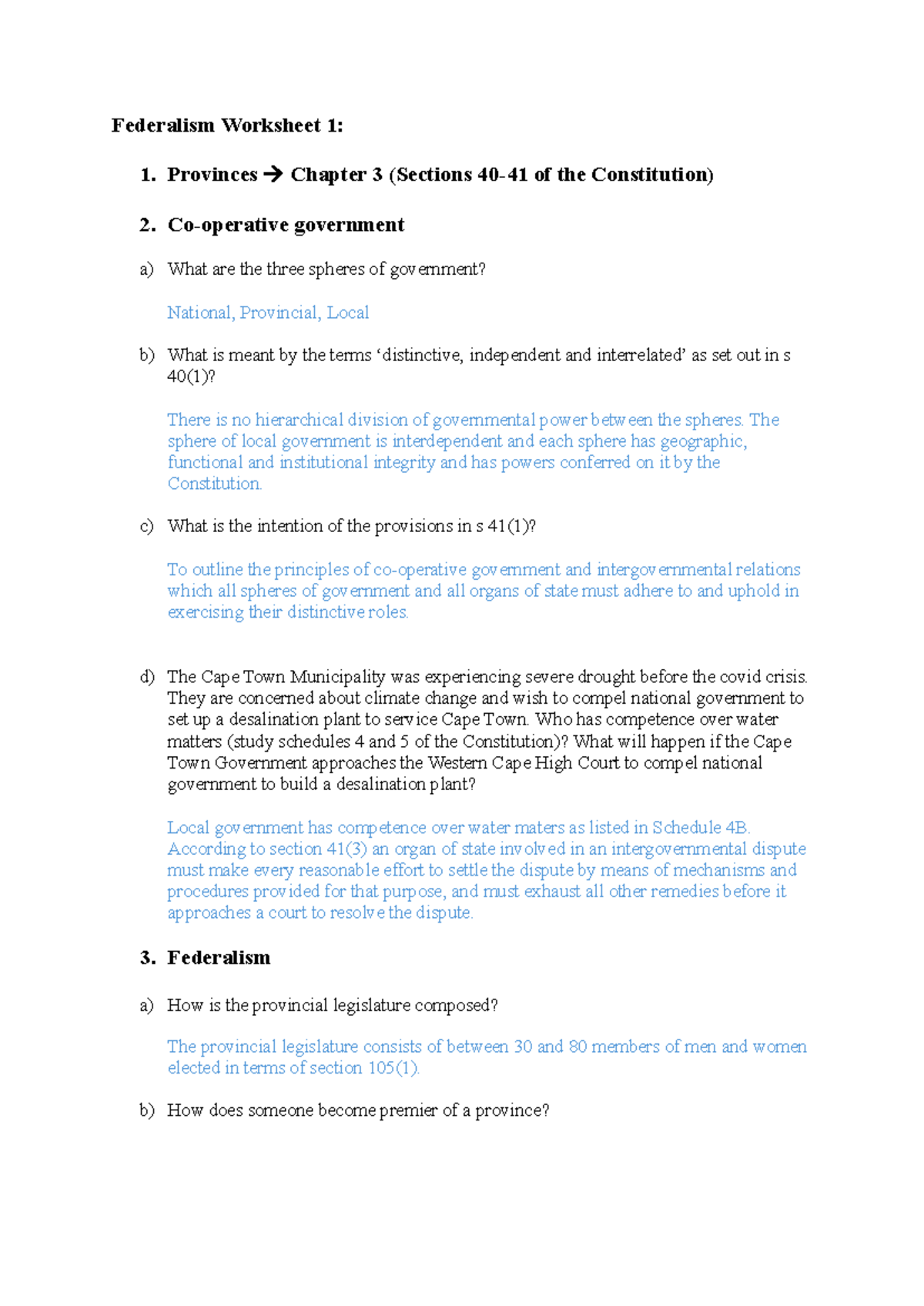 Worksheet 1 answers - Very helpful notes - Federalism Worksheet 1: 1 ...