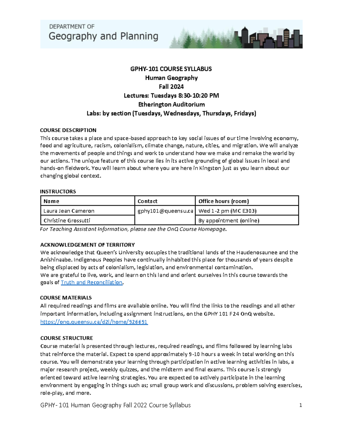 Geography 101 F24 Course Syllabus 27 AUG - GPHY- 101 COURSE SYLLABUS ...