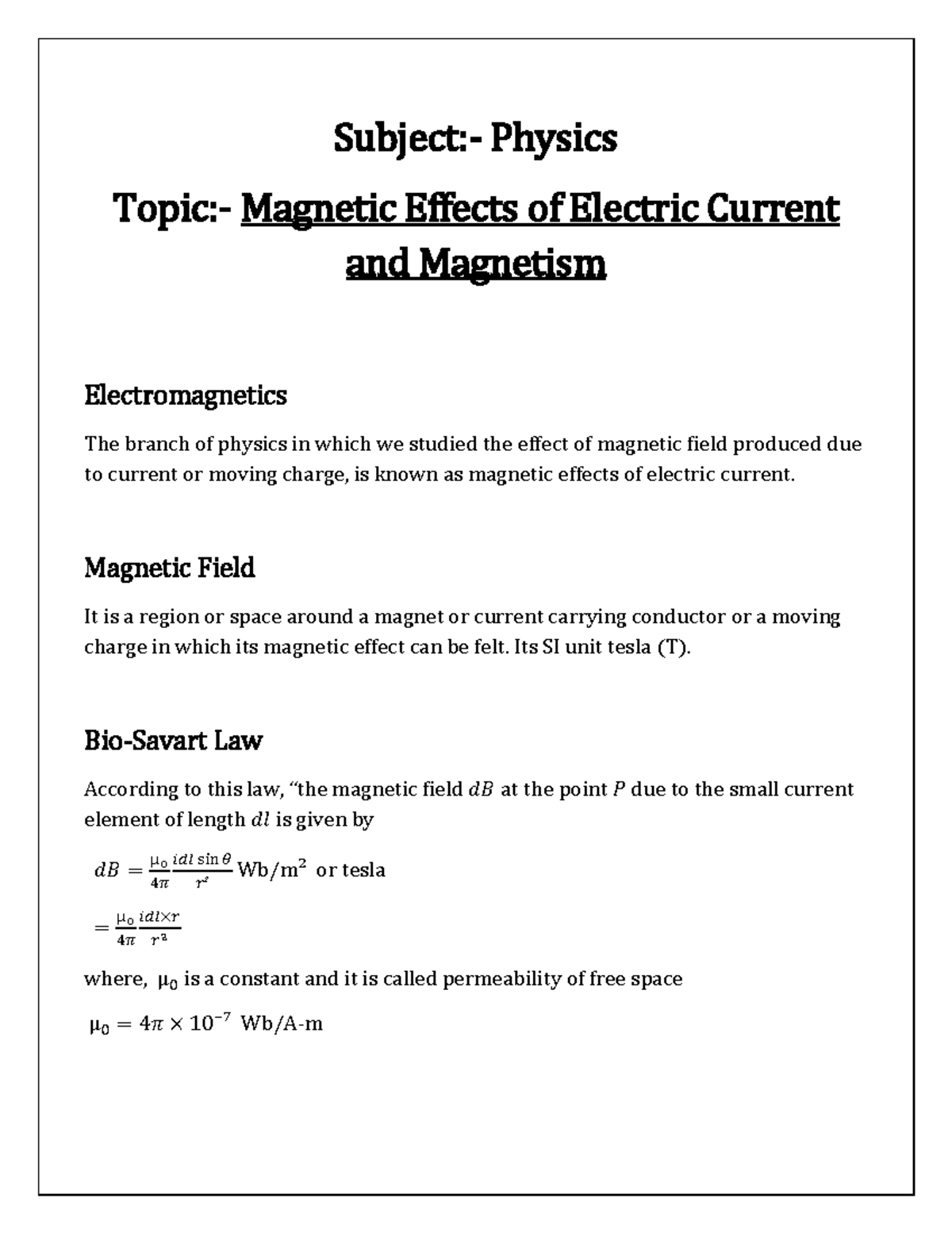 Magnetic Effects of Electric Current and Magnetism - Subject:- Physics ...