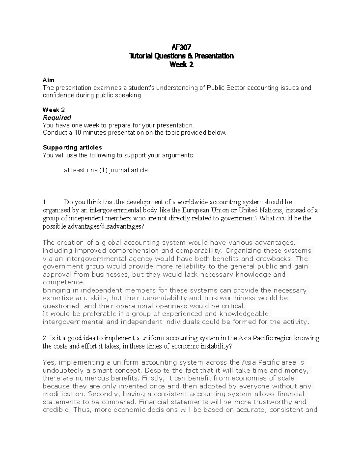 Week 2 - Student solution - AF 307 Tutorial Questions & Presentation ...