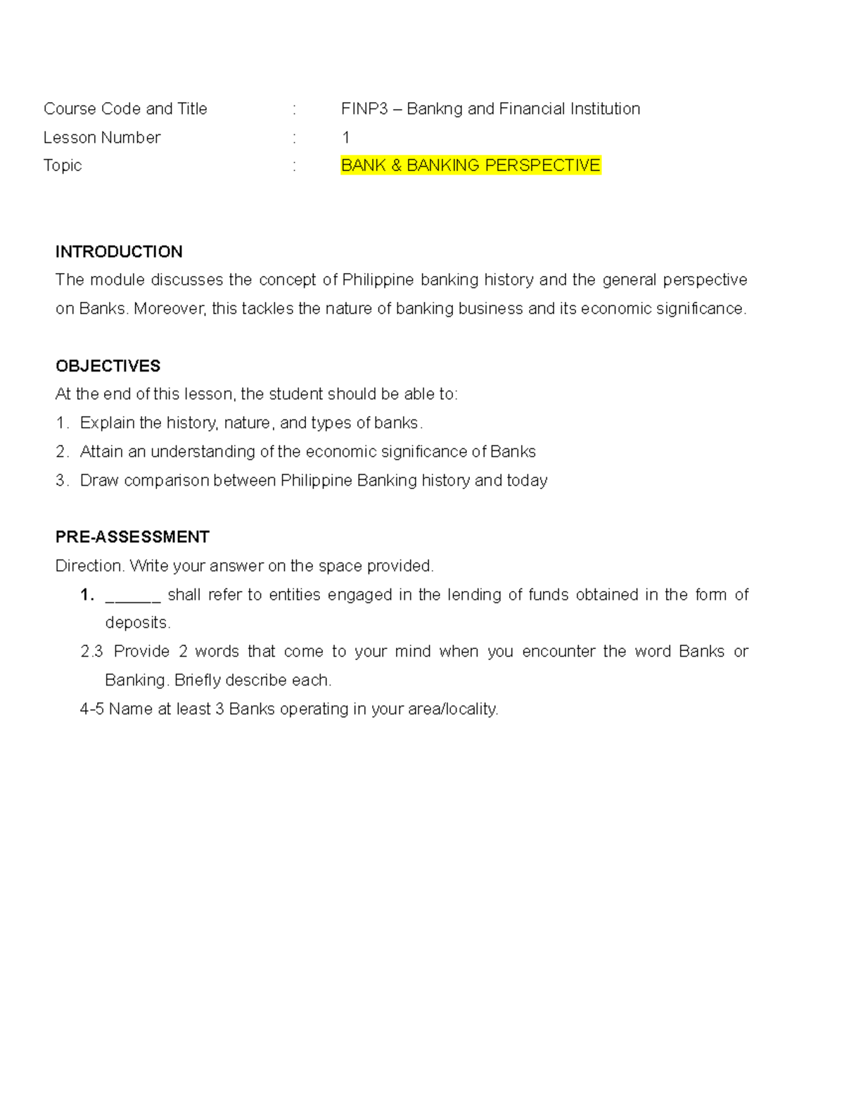 Lesson 1 and 2 Banking and Financial Institution - Course Code and ...