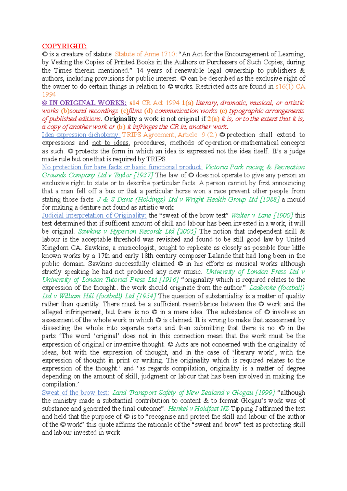 IP Cheatsheet 2017 - Lecture notes 1-12 - COPYRIGHT: © is a creature of ...