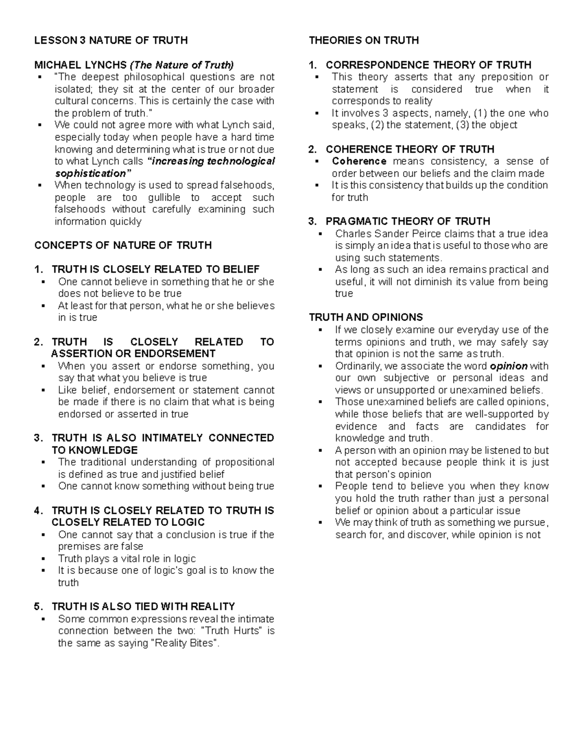 Inbound 2009 78809518116196 - LESSON 3 NATURE OF TRUTH MICHAEL LYNCHS (The Nature of Truth) “The ...