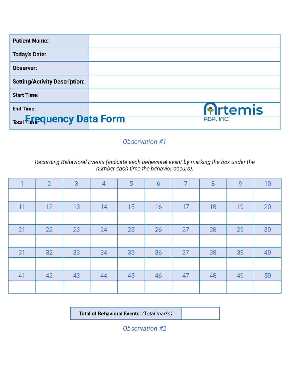 Frequency-Data-Form-Template - Patient Name: Today’s Date: Observer ...
