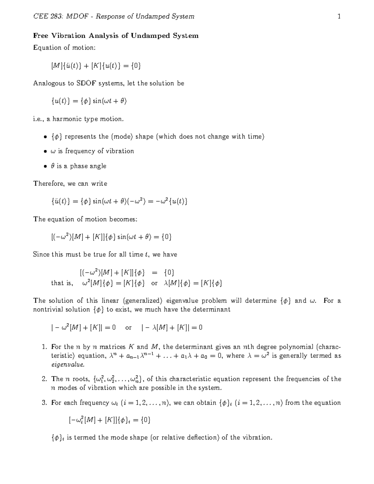 Note 10 MDOF - Response of Undamped Systems - CEE 283: MDOF - Response ...