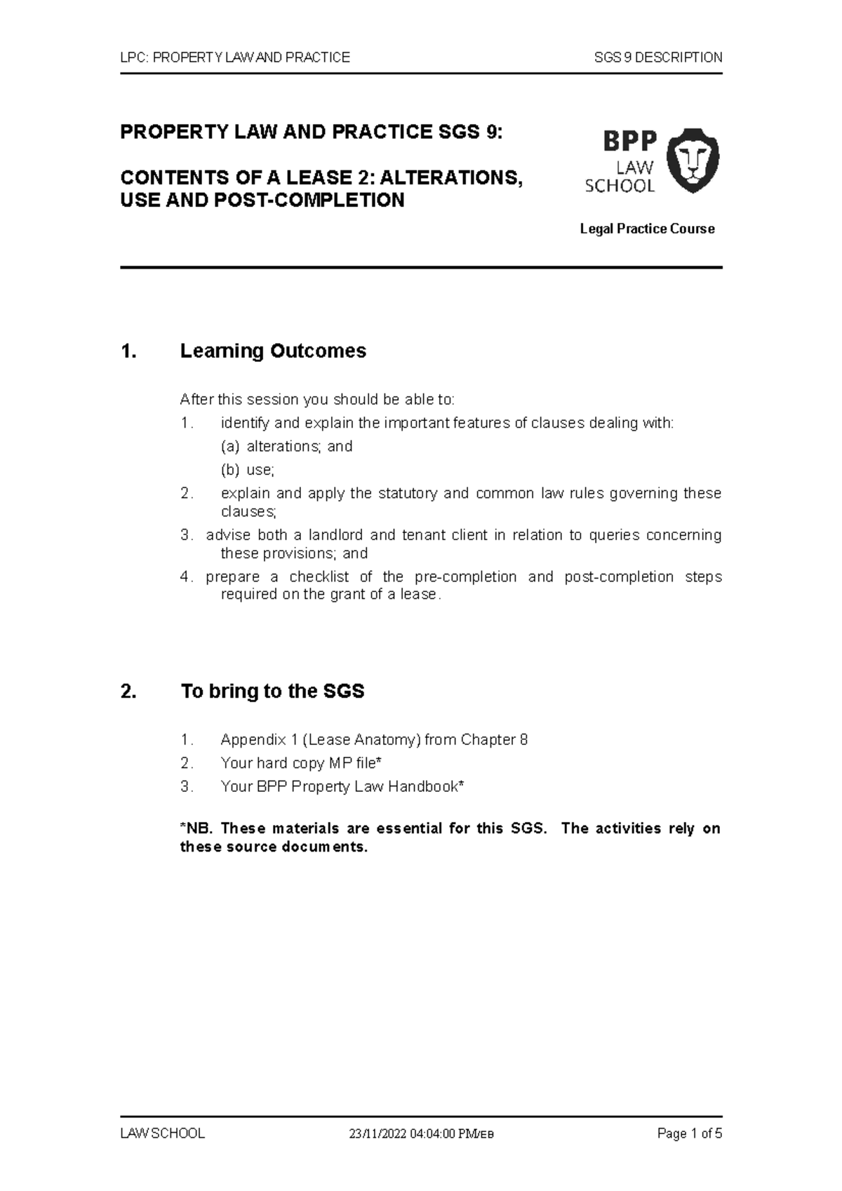 SGS 9 Description 2022-23 - LPC: PROPERTY LAW AND PRACTICE SGS 9 ...