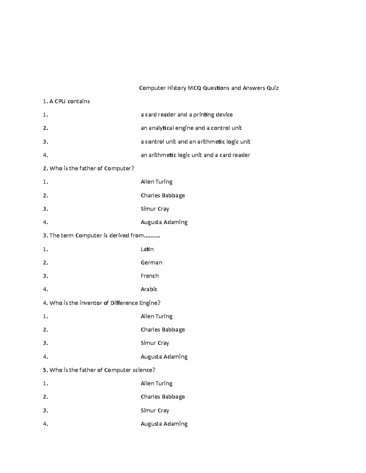 Presentation Evaluation FORM - Computer History MCQ Questions and ...