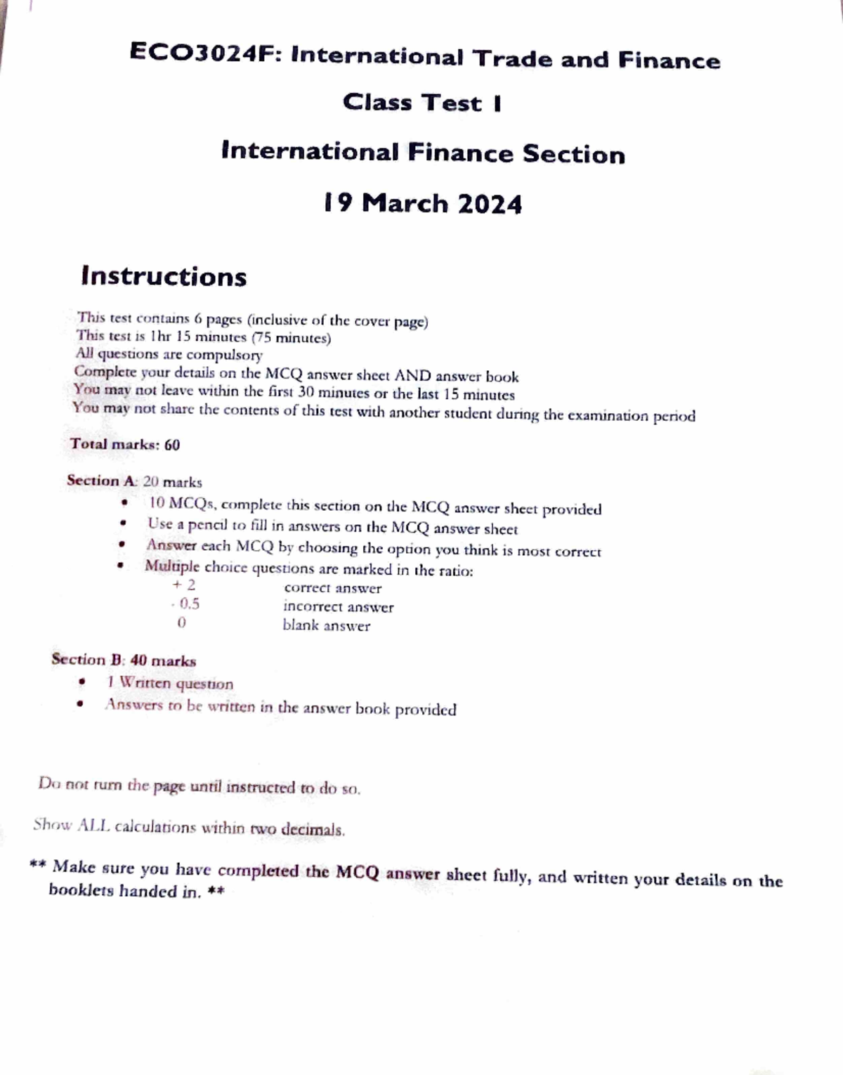 ECO3024F Class test 1 - ECO3024F: International Trade and Finance Class ...