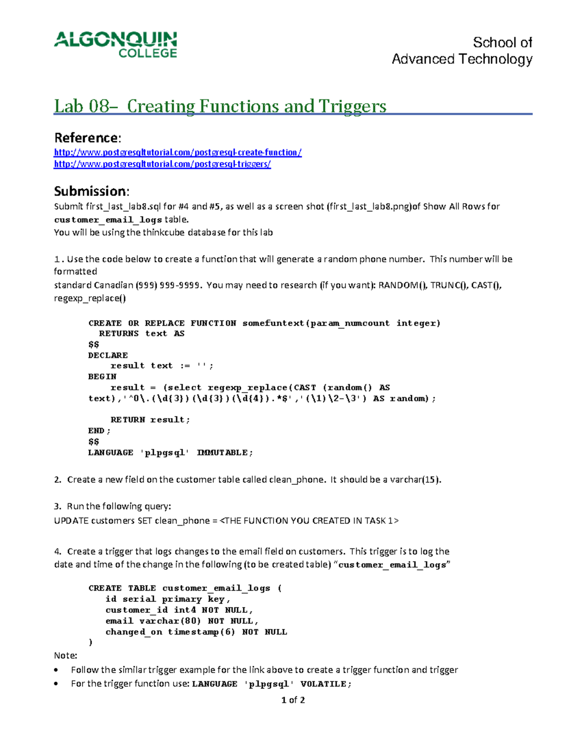 Lab08 - Lab8: Trigger - School of Advanced Technology Lab 08– Creating Functions and Triggers ...
