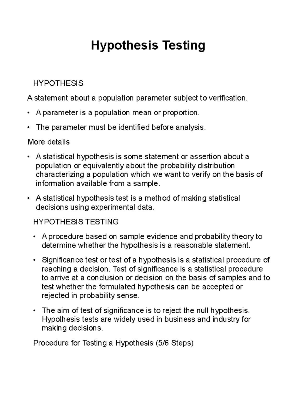 Business Statistics - Good - Hypothesis Testing HYPOTHESIS A statement ...